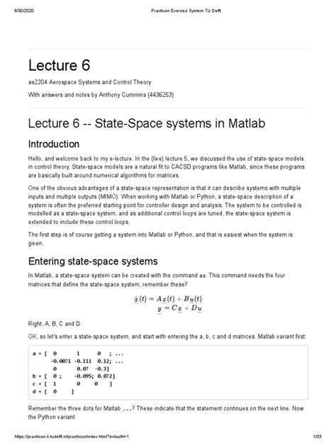 lecture 6 state space systems in matlab t a t b t x x u c
