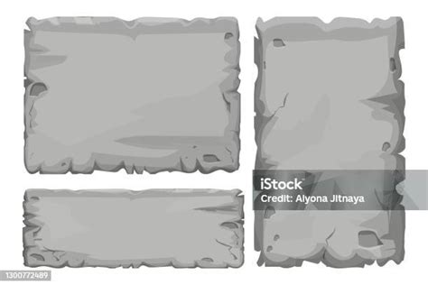 스톤 태블릿 세트 흰색 배경에 고립 만화 스타일의 금이 요소바위 배너 회색 프레임 인터페이스 Ui 게임에 대한 블록 볼더 돌 바위에 대한 스톡 벡터 아트 및 기타 이미지