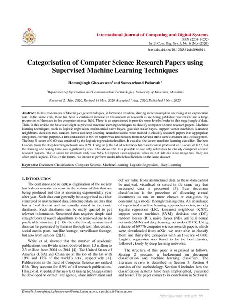 Pdf Categorisation Of Computer Science Research Papers Using