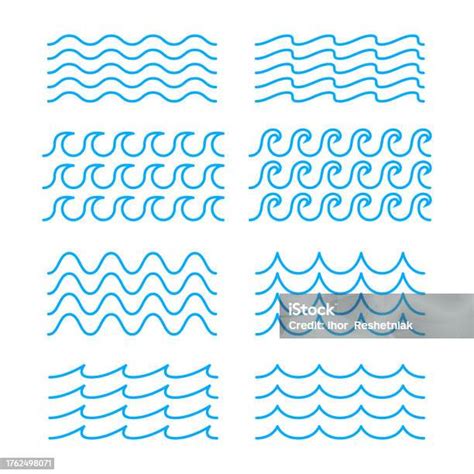 물결 라인 아이콘 세트입니다 곱슬곱슬한 바다 바다 파도 아쿠아 스플래시 폼 파란색 물결 모양의 액체 모양입니다 편집 가능한 획