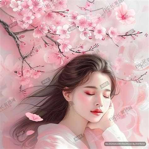 Ai创作图桃花美人插画 木棉花美女插画 桃花壁纸壁画 桃花卧室背景 东方睡眠女子插画 粉色少女手绘 桃花美人图 手绘樱花海报 春天桃花女孩插画