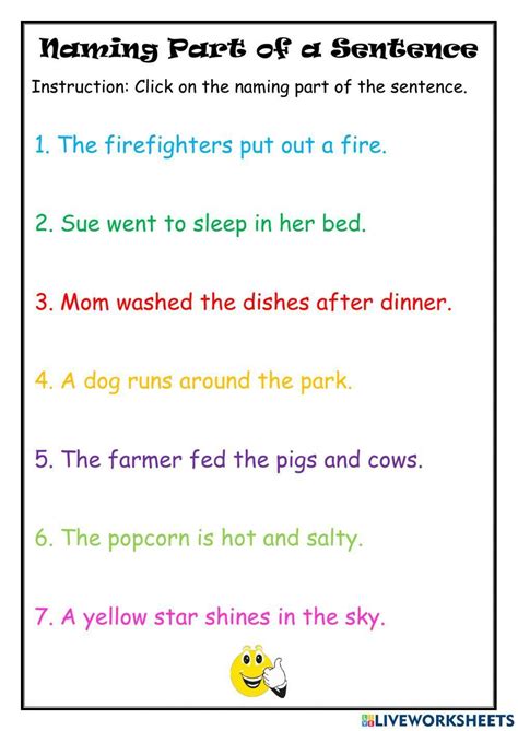 naming part of a sentence interactive worksheet live worksheets