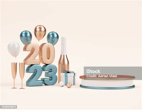 금속 번호와 3d 렌더링의 제품 스탠드를 위한 축제 물건이 있는 현대적인 2023 연단 받침대 디지털 생성 이미지에 대한 스톡 사진 및 기타 이미지 Istock