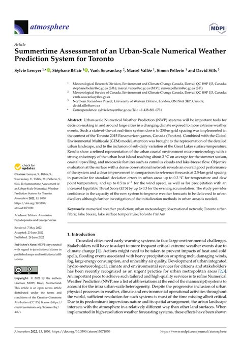 PDF Summertime Assessment Of An Urban Scale Numerical Weather Prediction System For Toronto