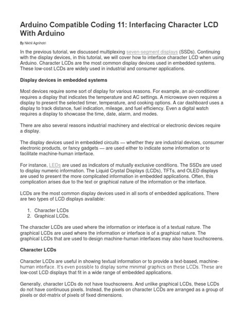 Arduino Compatible Coding 11 Interfacing Character Lcd With Arduino Pdf Backlight Liquid