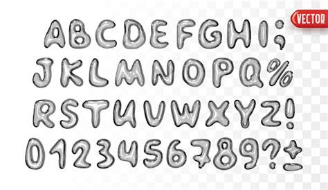 사실적인 3d 유리 액체 효과가 있는 검은색 회색 글꼴 세트로 대문자 숫자 및 특수 기호로 구성됩니다 완전한 알파벳 현대적인 디자인 프로젝트에 이상적입니다 벡터 일러스트