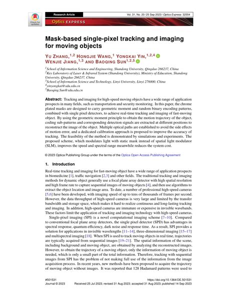 Pdf Mask Based Single Pixel Tracking And Imaging For Moving Objects