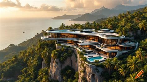 A Futuristic Mansion On A Tropical Cliff Overlooking The Ocean At