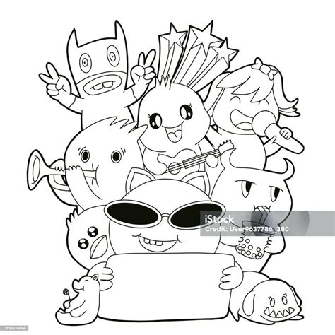 낙서 몬스터 빈 공간 텍스트 일러스트 몬스터 낙서 손으로 그린 만화 괴물 그림 만화 군중 낙서 손으로 그린 낙서 Styleblack 및 흰색 줄무늬 색칠하기 책 구름에 대한