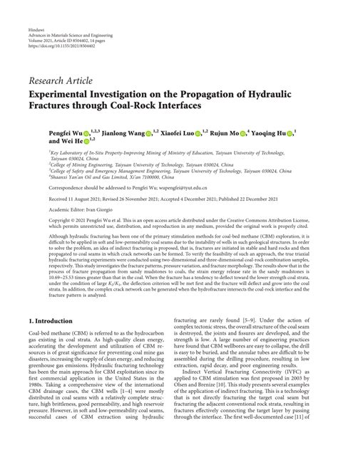 Pdf Experimental Investigation On The Propagation Of Hydraulic Fractures Through Coal Rock