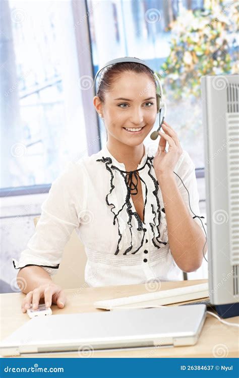 Happy Callcenter Operator Girl At Desk Stock Image Image Of Face Bright 26384637