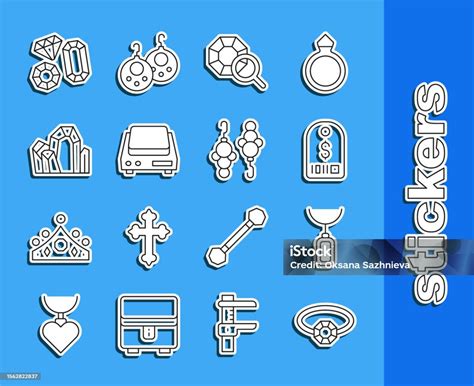 세트 라인 다이아몬드 약혼 반지 펜던트 목걸이 달러 보석 돌 전자 보석 저울 및 귀걸이 아이콘과 가격표 벡터 3월에 대한 스톡 벡터 아트 및 기타 이미지 Istock