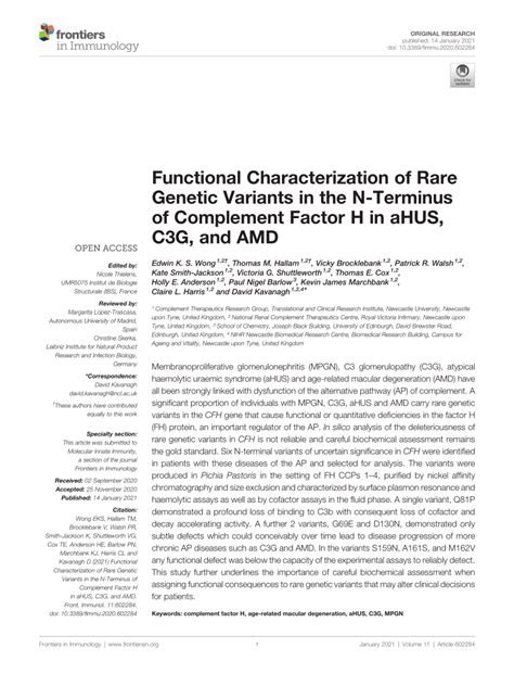 Pdf Functional Characterization Of Rare Genetic Variants In The N Terminus Of Complement