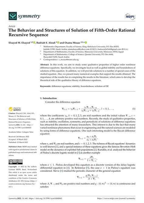 PDF The Behavior And Structures Of Solution Of Fifth Order Rational Recursive Sequence