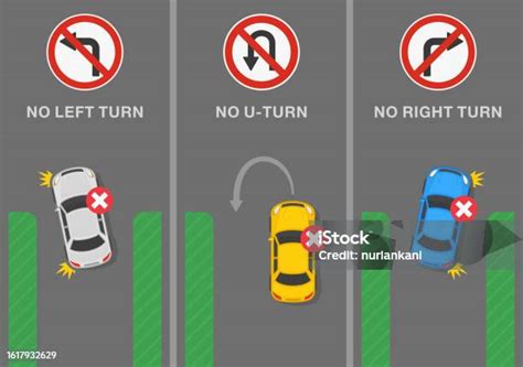 교통 규제 요령 및 규칙 표지판 및 도로 표시 의미 좌회전 금지 유턴 금지 우회전 금지 교통 표지판 도시 도로의 평면도입니다 개체 그룹에 대한 스톡 벡터 아트 및 기타