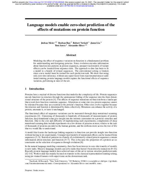 Pdf Language Models Enable Zero Shot Prediction Of The Effects Of Mutations On Protein Function
