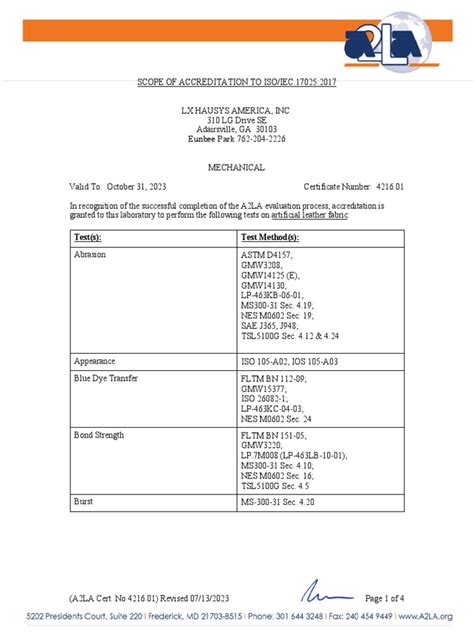 Scope Of Accreditation To Isoiec 170252017 Lx Hausys America Inc
