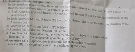 12 Assertion Reasoh Type Questionin The Questions Given Below There