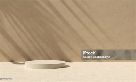 기하학적 원통형 모양의 프리미엄 베이지색 연단 또는 플랫폼으로 치장 벽토 벽에 야자수 잎 그림자가 있습니다 0명에 대한 스톡 사진 및 기타 이미지 Istock