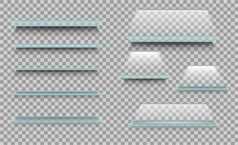 빛이 있는 유리 선반 투명 한 배경에 책장의 집합입니다 광고 상점 벽에 디자인 유리 패널 사실적인 아크릴 선반이있는 인테리어 룸 저장 창 집합입니다 벡터 칸 가구에 대한