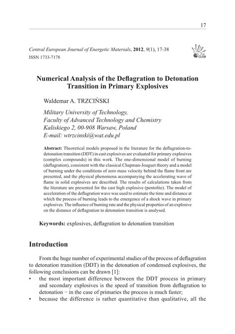 Pdf Numerical Analysis Of The Deflagration To Detonation Transition In Primary Explosives