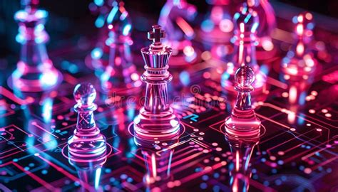 chess pieces on board in neon lights circuit board pattern and binary