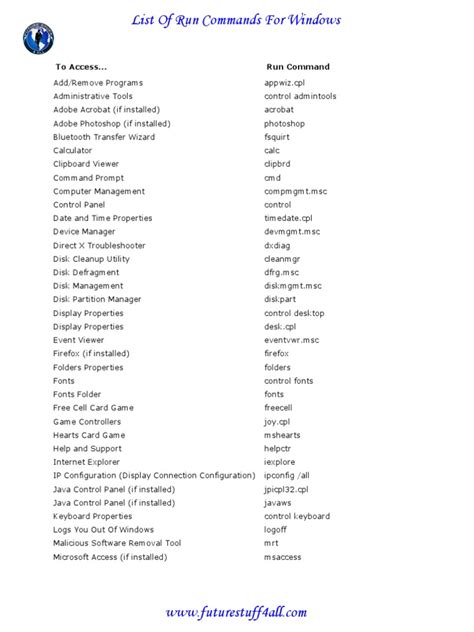 list of run commands for windows pdf windows registry microsoft windows