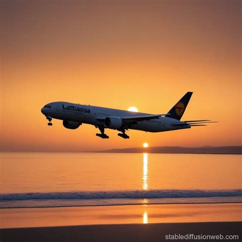 Boeing 777 Landing At Sunset Beach Stable Diffusion Online
