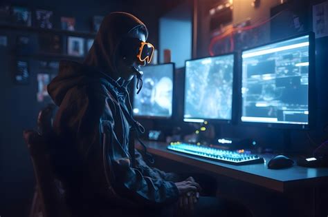 Premium Ai Image Hacker Sitting In Front Of Computer Monitor In Dark Room Cybercrime Concept