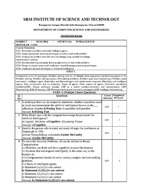 Unit 1 Qb Srm Institute Of Science And Technology Ramapuram Campus Bharathi Salai Ramapuram
