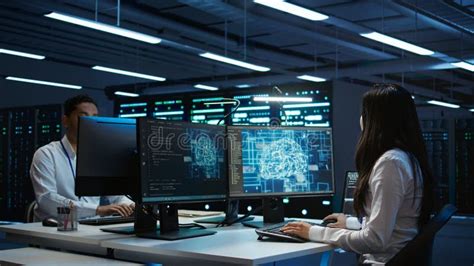 Technicians Coworkers Using Ai Tech On Computer To Do Data Center