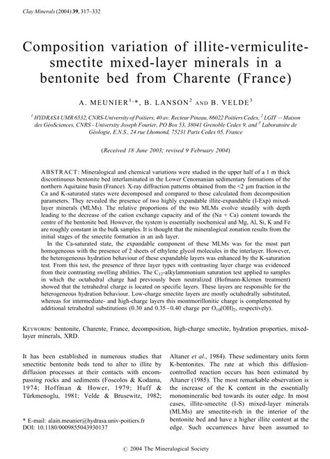 Pdf Composition Variation Of Illite Vermiculite Smectite Mixed Layer Minerals In A Bentonite
