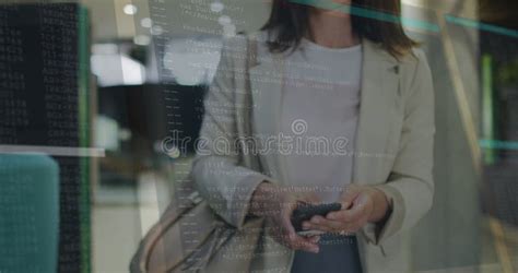 Programming Code Image Over Woman Using Smartphone In Modern Office Stock Image Image Of