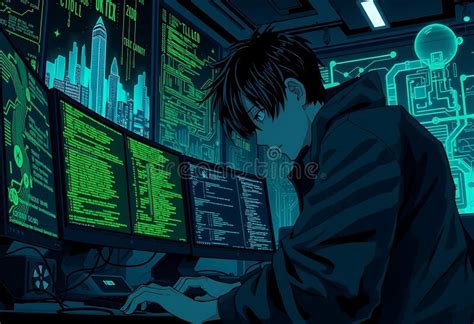 Cyberpunk Coder Neon City Nightscape Artwork Stock Illustration