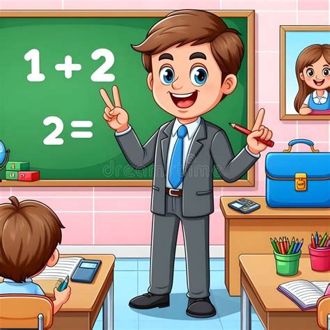 Cheerful Cartoon Teacher Conducting A Math Lesson In A Colorful