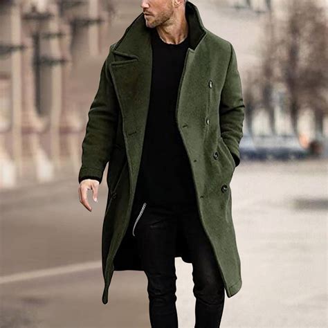Njoeus Mens Mid Long Trench Coat Winter Long Jacket Woolen Blends