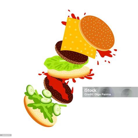 햄버거의 벡터 플랫 일러스트 참깨 커틀릿 양상추 오이 케첩 치즈를 흰색 배경에 넣은 만두를 곁들인 햄버거 패스트 푸드 샌드위치