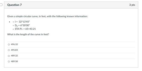solved question 7 3 pts given a simple circular curve in