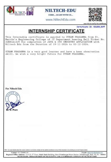 Internship Certificate Java Itsindustryapplication Niltechedu Innovation Technology