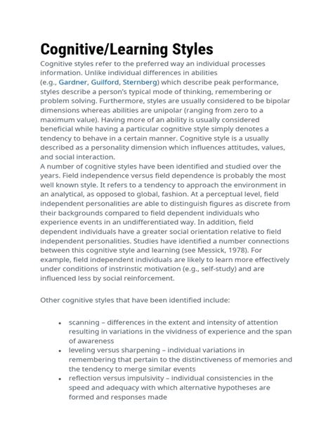 Cognitive Learning Style Pdf Learning Styles Learning