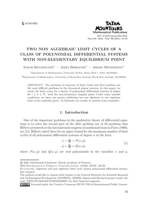 Pdf Ø Ñ Mathematical Publications Two Non Algebraic Limit Cycles Of A