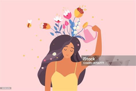 자기 사랑 정신 건강 머리에서 자라는 꽃에 물을 주기 위해 물뿌리개를 들고 있는 여자 여자에 대한 스톡 벡터 아트 및 기타