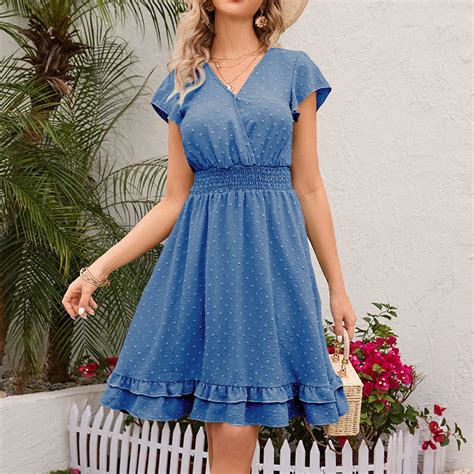 Sakmal Mid Length Casual Dresses For Women Blue V Neck Short Sleeve