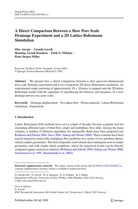 Pdf A Direct Comparison Between A Slow Pore Scale Drainage Experiment And A 2d Lattice