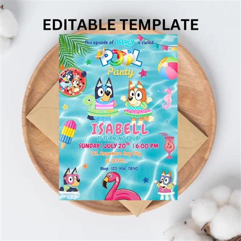 Bluey Pool Party Birthday Invitation Editable Canva Template Etsy