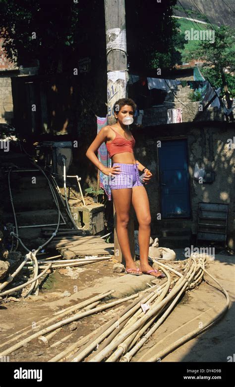 Girl Blows Bubble With Bubblegum Rocinha Favela Rio De Janeiro Stock