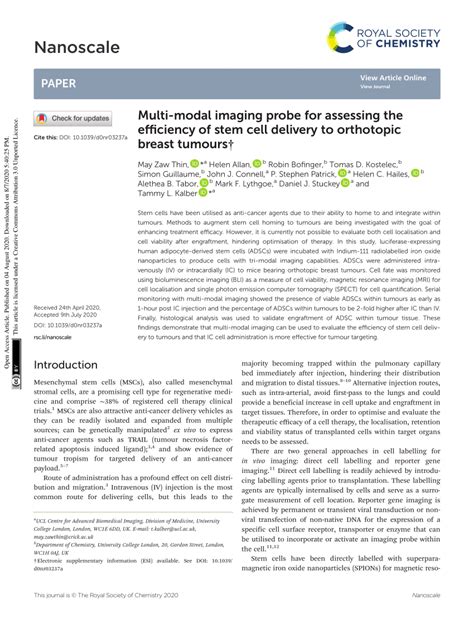 Pdf Multi Modal Imaging Probe For Assessing The Efficiency Of Stem