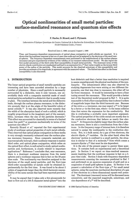 Pdf Optical Nonlinearities Of Small Metal Particles Surface Mediated