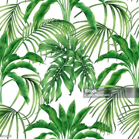 수채화 그림 코코넛 바나나 야 자 잎 녹색 나뭇잎 원활한 패턴 배경 수채화 손으로 그린 그림 열 대 이국적인 잎 인쇄 벽지 섬유 하와이 대 한 알로하 정글 스타일 0명에