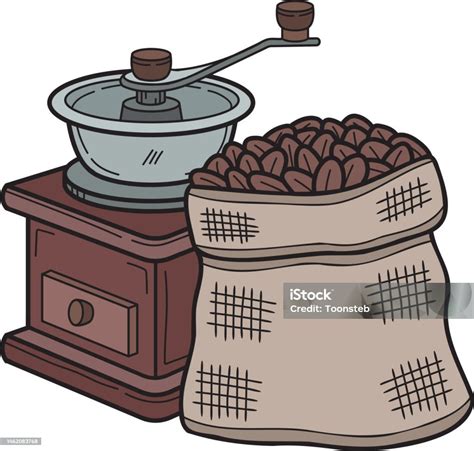 낙서 스타일의 커피 원두 그림이 있는 손으로 그린 수동 커피 그라인더 강판에 갈기에 대한 스톡 벡터 아트 및 기타 이미지